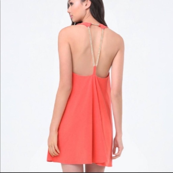 bebe | Dresses | Bebe Coral Mini Dress With Gold Chain Back | Poshmark